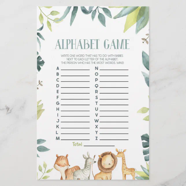 Safari Wild Zoo Animals Alphabet Baby Shower Game Stationery | Zazzle