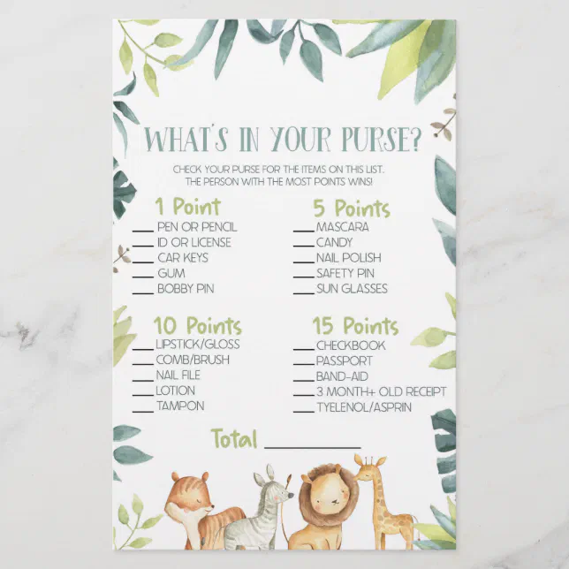 Safari Zoo Animal What's In Purse Baby Shower Game Stationery | Zazzle