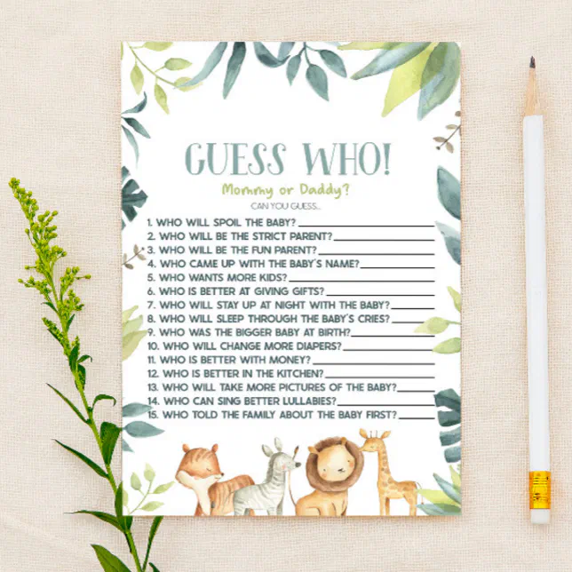 Safari Zoo Wild Animal Guess Who! Baby Shower Game Stationery | Zazzle