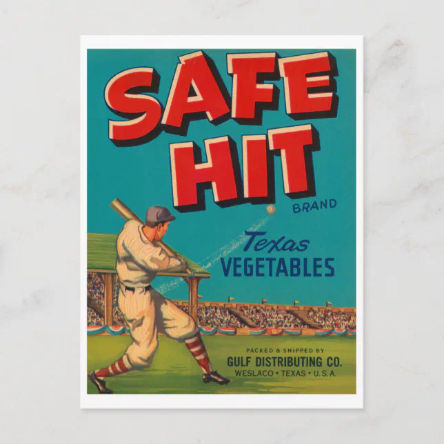 Safe Hit Vintage Crate Label - Baseball Postcard | Zazzle