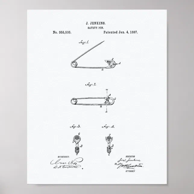 Safety Pin 1887 Patent Art White Paper Poster | Zazzle
