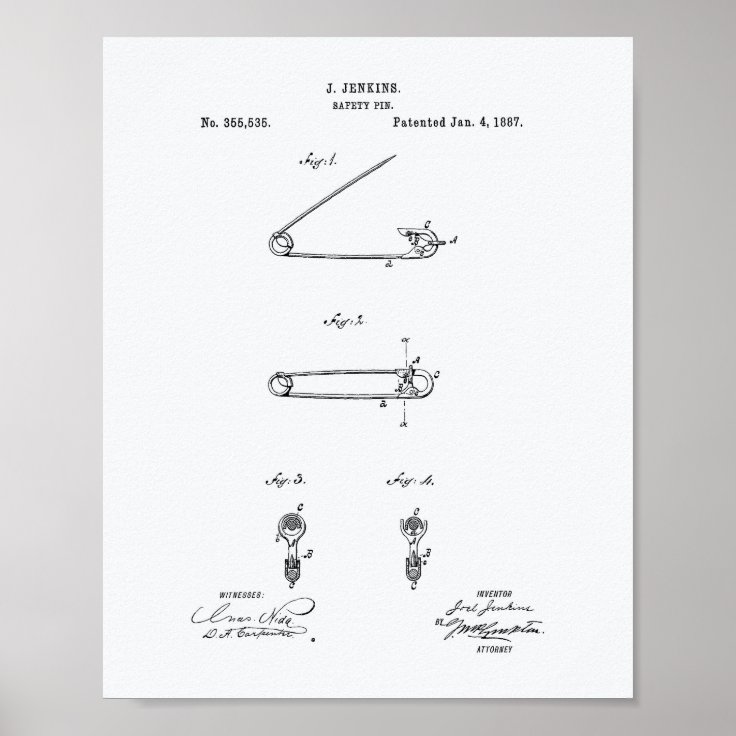 Safety Pin 1887 Patent Art White Paper Poster | Zazzle