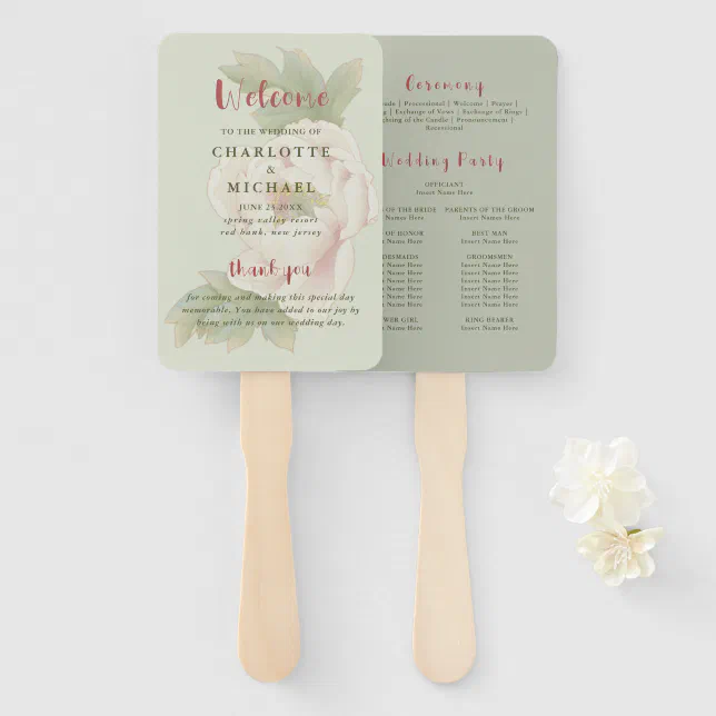 Sage and Blush Floral Wedding Program Hand Fan | Zazzle
