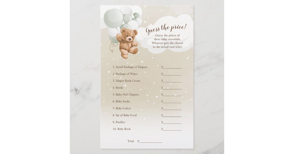 Sage Balloons Teddy Bear Guess The Price Game Flyer | Zazzle