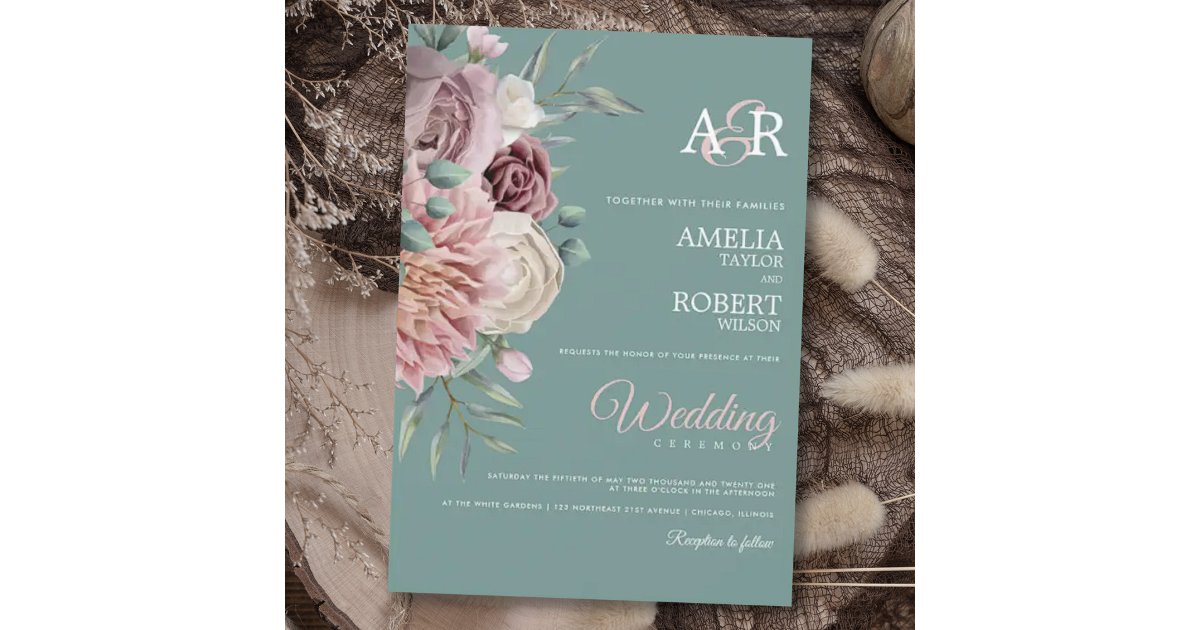 Sage Boho Dusty Rose Watercolor Floral Wedding Inv Invitation | Zazzle