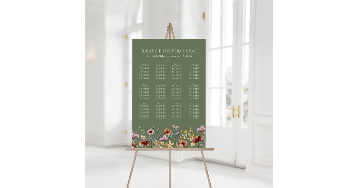 Sage Boho Floral Seating Chart Foam Board | Zazzle