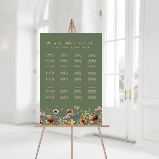 Sage Boho Floral Seating Chart Foam Board | Zazzle