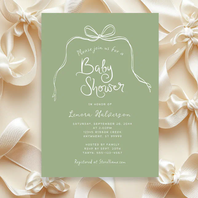 Sage Bold Simple Bow Baby Shower Invitation | Zazzle