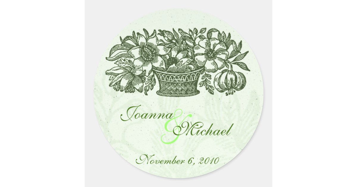 Sage Classic Flower Basket Wedding Sticker | Zazzle