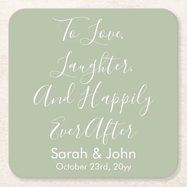Sage Custom Personalized Script Wedding Reception Square Paper Coaster ...