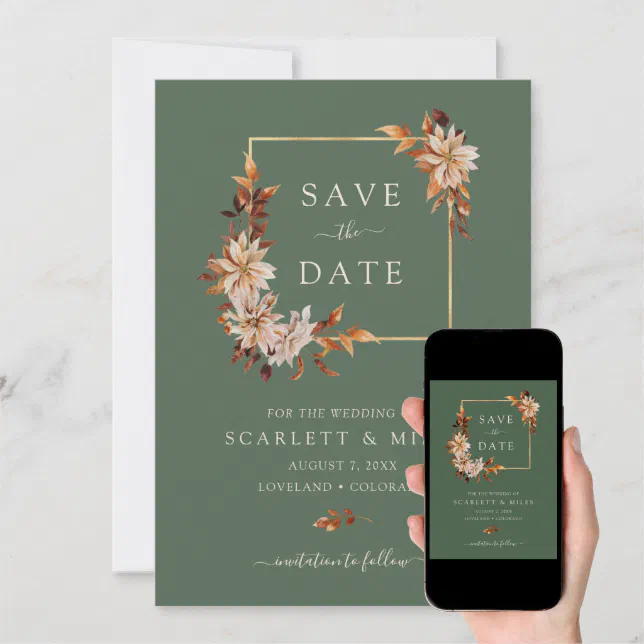 Sage Fall Watercolor Floral Gold Frame Wedding Save The Date | Zazzle