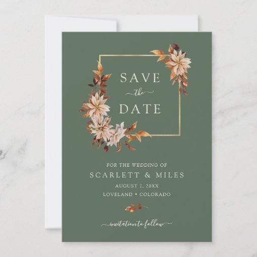 Sage Fall Watercolor Floral Gold Frame Wedding Save The Date | Zazzle