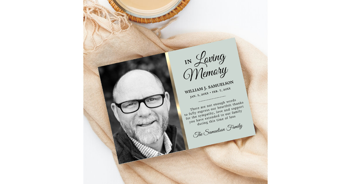 Sage Gold Sympathy Funeral Memory THANK YOU Photo | Zazzle