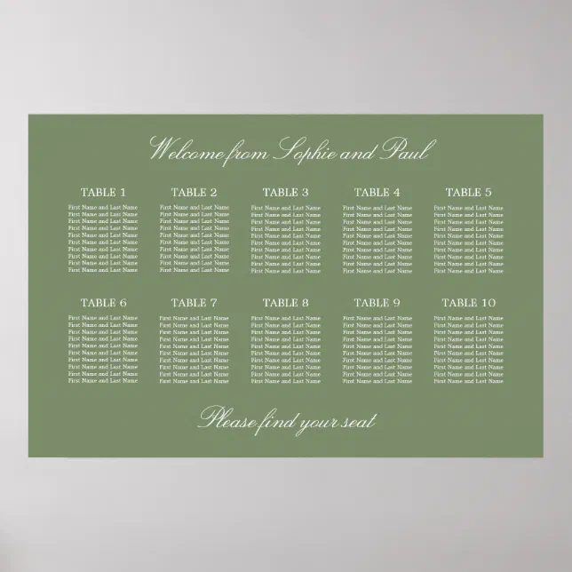 Sage Green 10 Table Wedding Seating Chart Poster | Zazzle