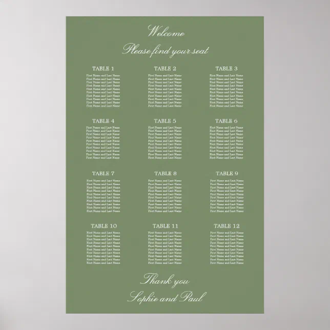 Sage Green 12 Table Wedding Seating Chart Poster | Zazzle