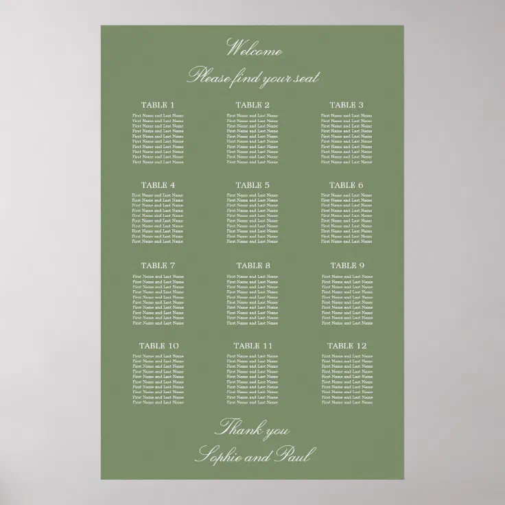 Sage Green 12 Table Wedding Seating Chart Poster | Zazzle