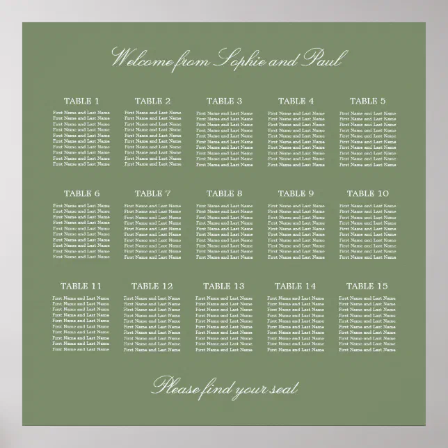 Sage Green 15 Table Wedding Seating Chart Poster | Zazzle