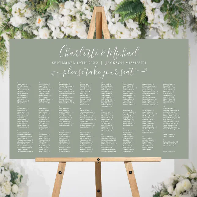 Sage Green 300 Names Wedding Seating Chart Sign | Zazzle