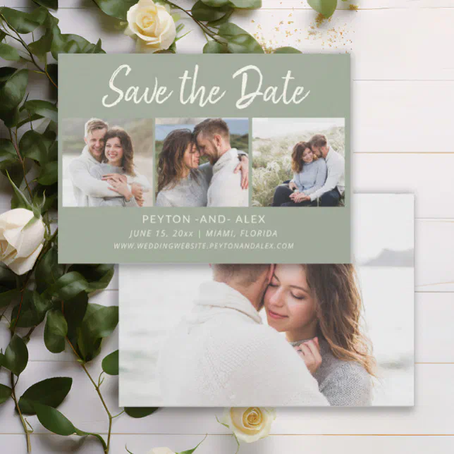 Sage Green 4-Photo 2 Sided Wedding Save Date Save The Date | Zazzle