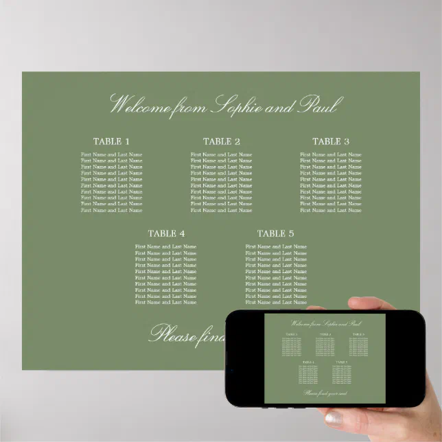 Sage Green 5 Table Wedding Seating Chart Poster | Zazzle