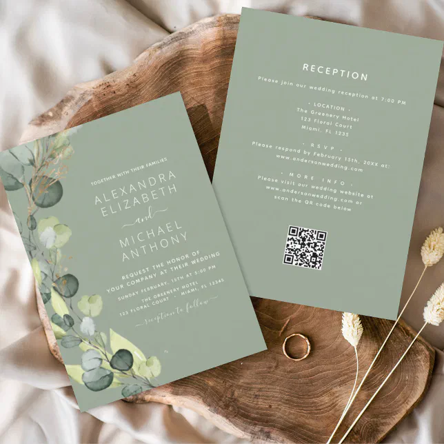 Sage Green All in One Eucalyptus QR Code Wedding Invitation | Zazzle