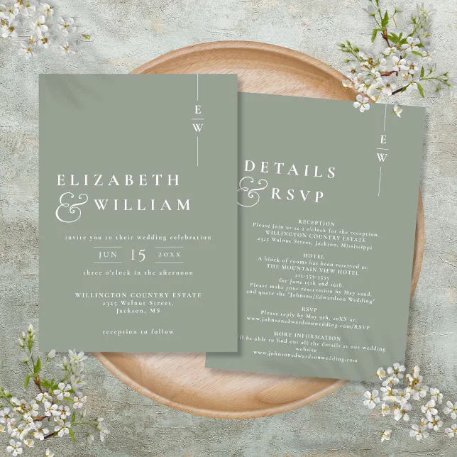Sage Green All In One Modern Monogram Wedding Invitation | Zazzle