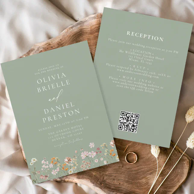 Sage Green All in One Wildflower QR Code Wedding Invitation | Zazzle