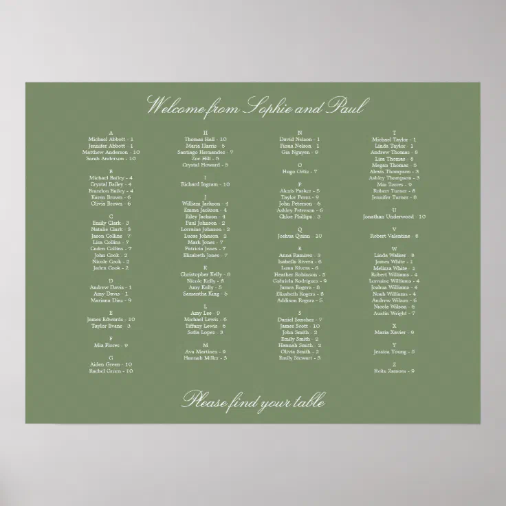 Sage Green Alphabetical Seating Chart Poster | Zazzle