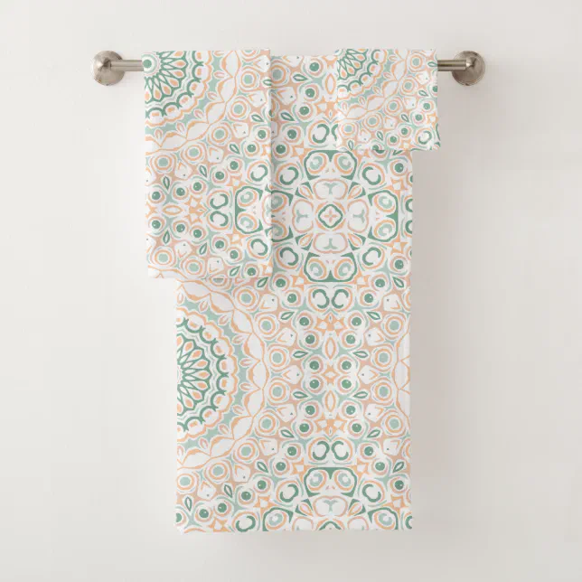 Sage Green and Peach Mandala Pattern Bath Towel Set | Zazzle