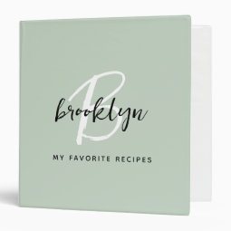 Sage Green Black and White Monogram Recipe 3 Ring Binder | Zazzle