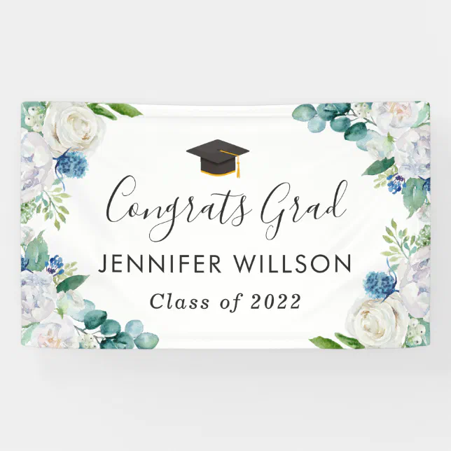Sage Green Blue White Floral Graduation Party Banner | Zazzle