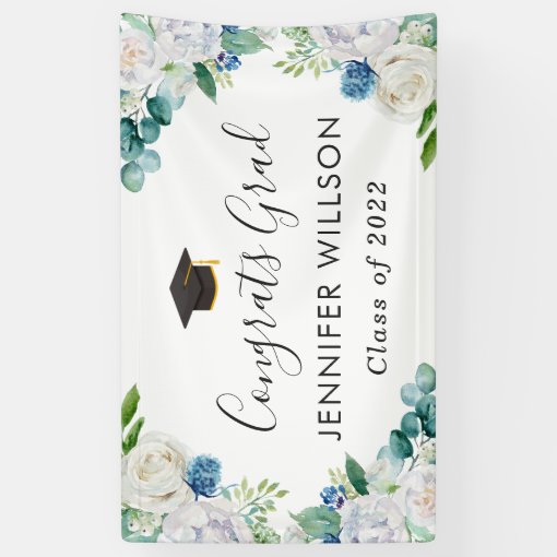 Sage Green Blue White Floral Graduation Party Banner | Zazzle