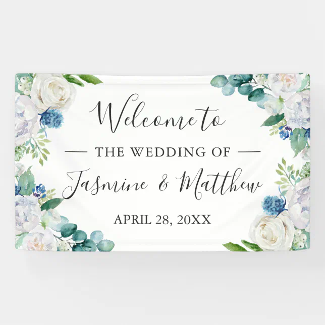 Sage Green Blue White Floral Wedding Party Banner | Zazzle