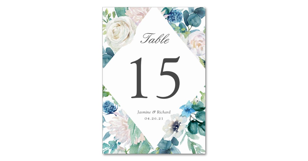 Sage Green Blue White Floral Wedding Table Number | Zazzle