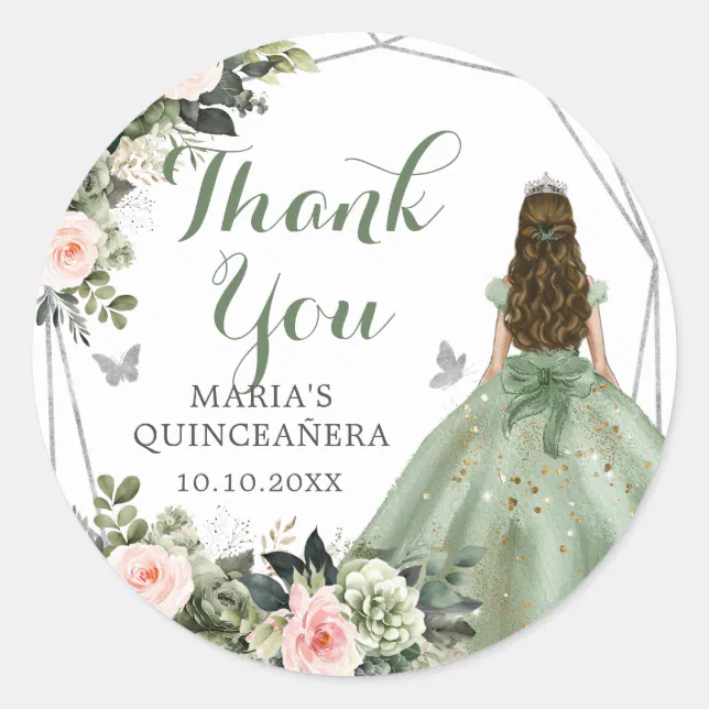 Sage Green Blush Pink Floral 15 Años Thank You Classic Round Sticker ...