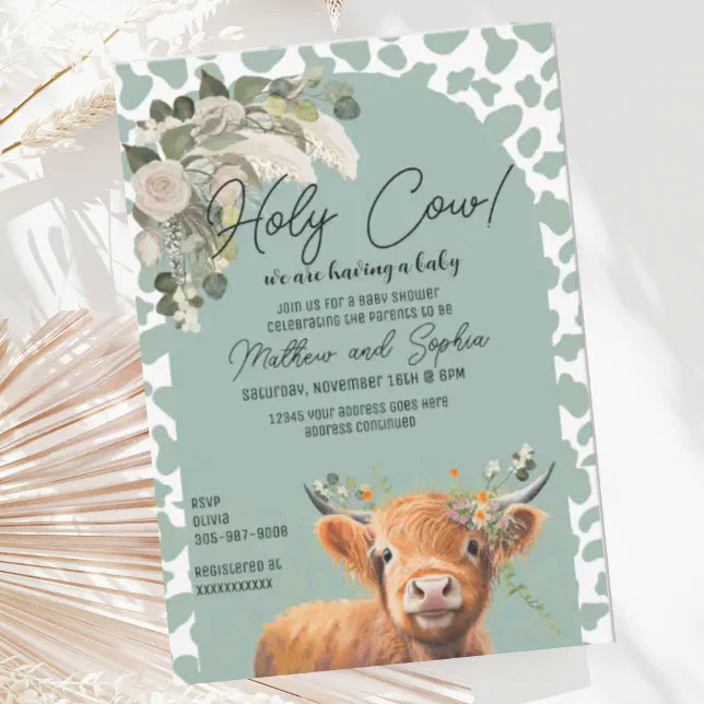 Sage Green Boho Holy Cow Baby Shower Invitation | Zazzle