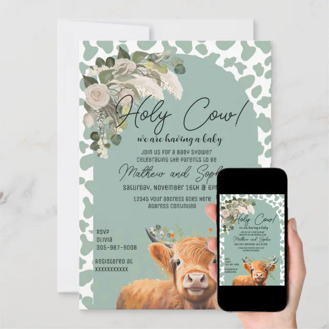 Sage Green Boho Holy Cow Baby Shower Invitation | Zazzle