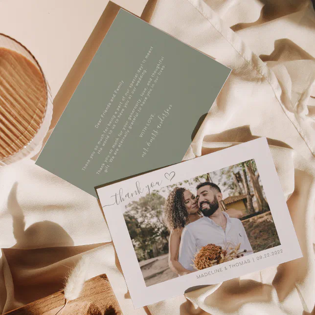 Sage Green Boho Simple Photo Heart Script Wedding Thank You Card | Zazzle