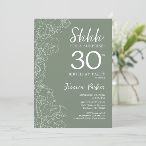 Sage Green Botanical Surprise 30th Birthday Invitation | Zazzle