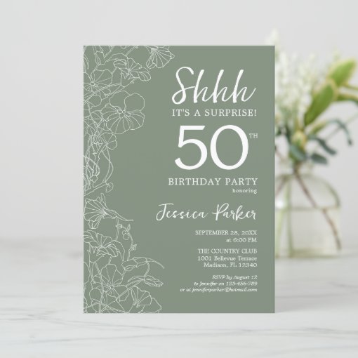 Sage Green Botanical Surprise 50th Birthday Invitation | Zazzle