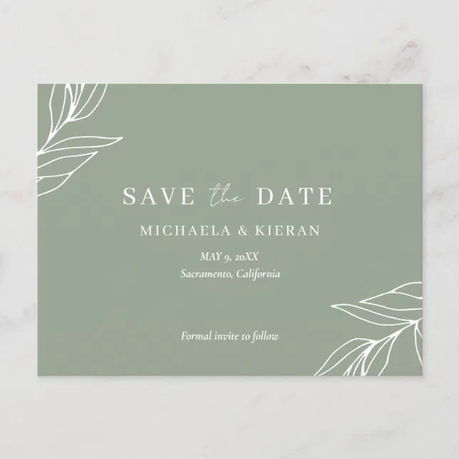 Sage Green Botanical Wedding Save The Date Announcement Postcard | Zazzle