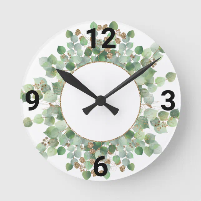 Sage Green Botanical White Gold WALL CLOCK | Zazzle