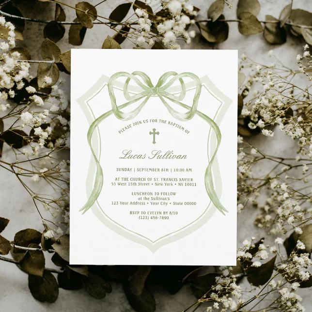 Sage Green Bow Crest Baptism Invitation | Zazzle