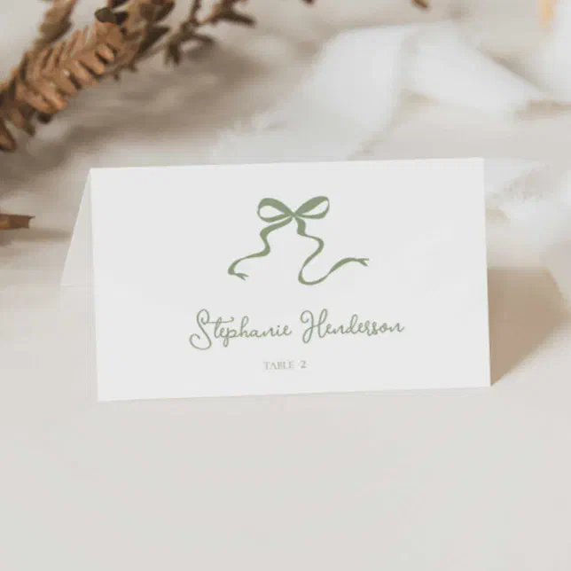 Sage Green Bow Folded Place Card | Zazzle