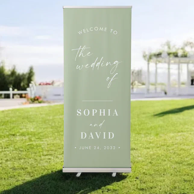 Sage Green Calligraphy Wedding Welcome Retractable Banner | Zazzle