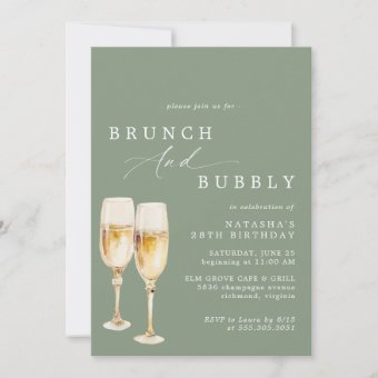 Sage Green | Champagne Birthday Brunch & Bubbly Invitation | Zazzle