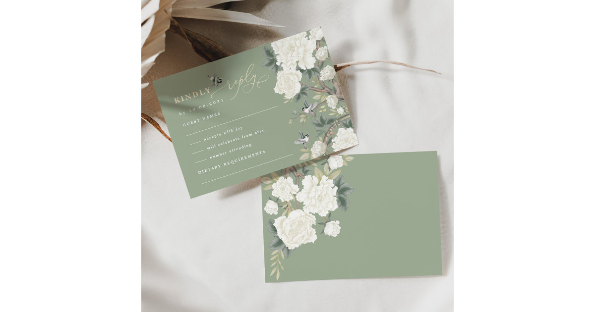 Sage Green Chinoiserie Bird Peony Wedding RSVP Card | Zazzle