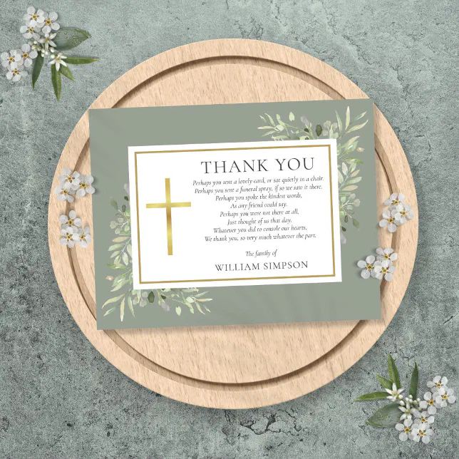 Sage Green Christian Funeral Greenery Poem Thank You Card | Zazzle