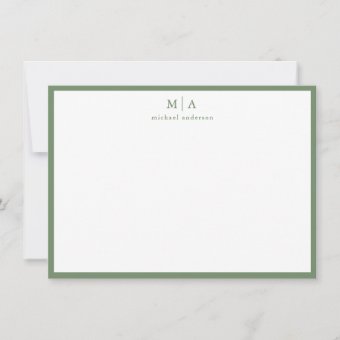 Sage Green Classic Border Monogram Correspondence Note Card | Zazzle