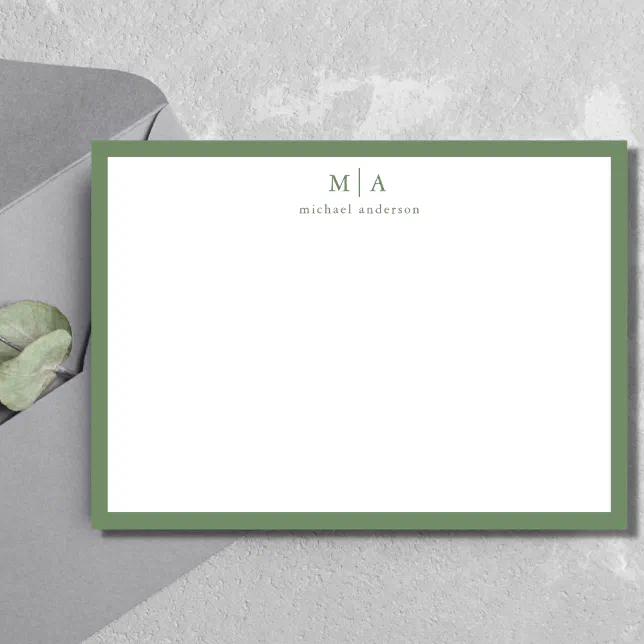 Sage Green Classic Border Monogram Correspondence Note Card | Zazzle